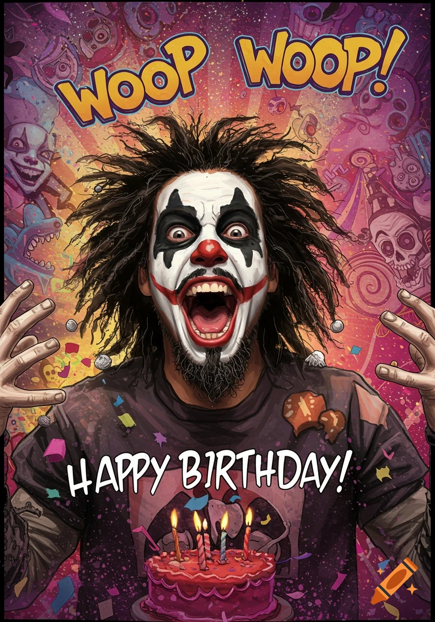 Stylized illustration of a clown screaming with a birthday cake and ...
