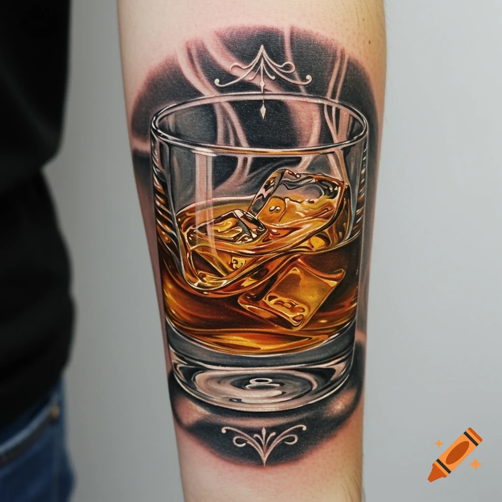 A detailed, realistic tattoo of a whisky glass filled with amber liquid ...