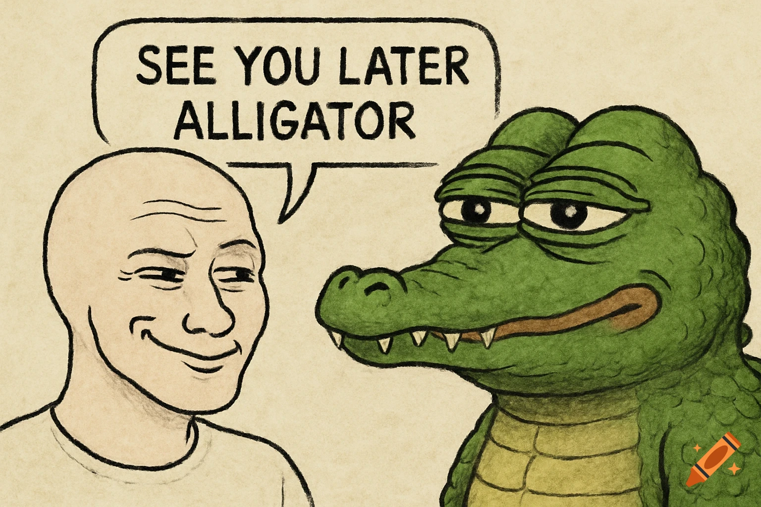 Wojak meme character winking at an alligator resembling Pepe the Frog ...