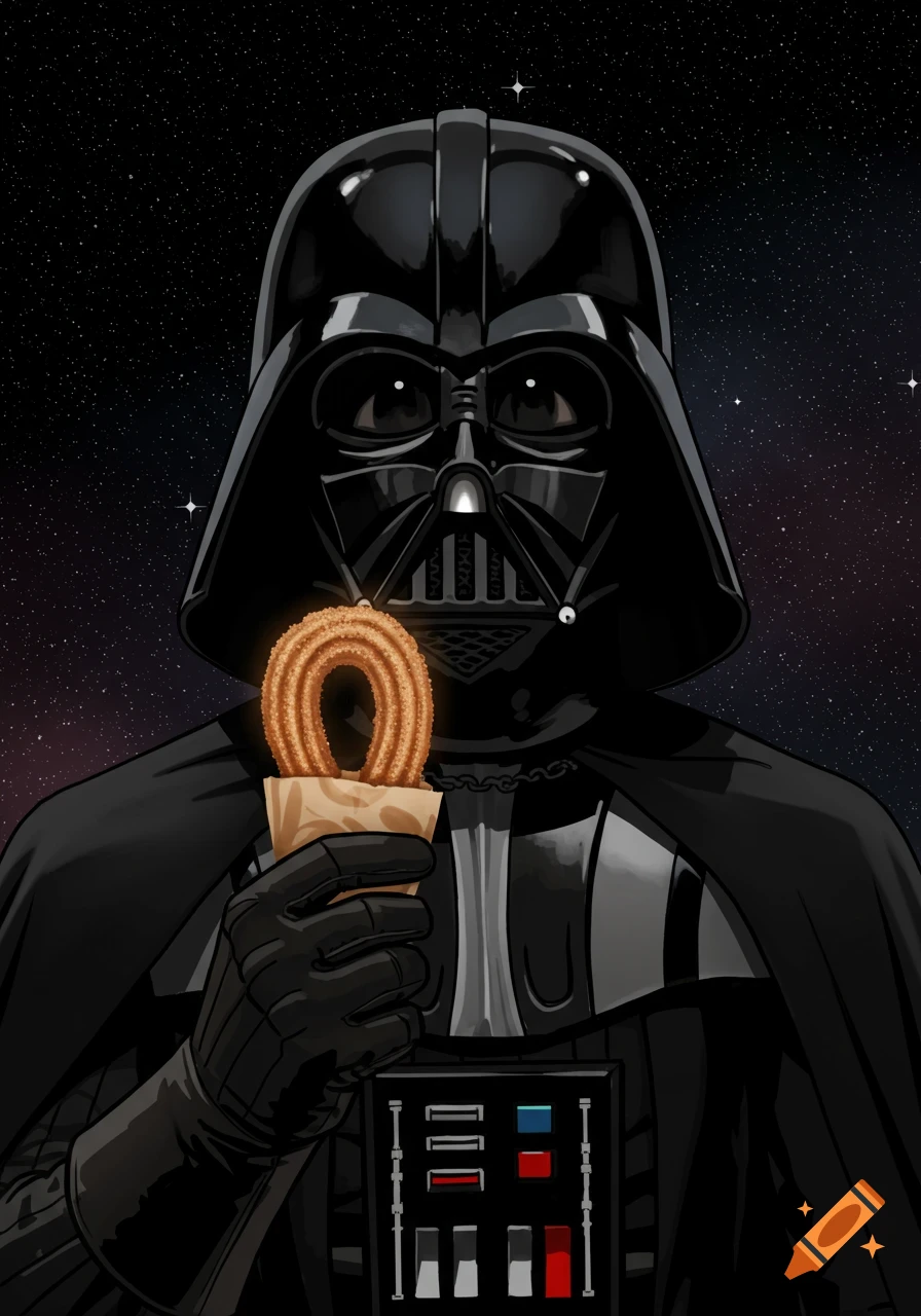 Darth Vader in space holding a glowing churro, stylized illustration ...