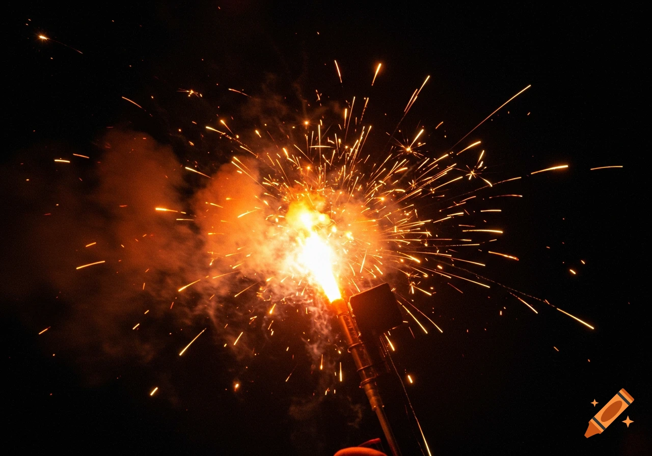 A hand holds a device emitting a bright, explosive burst of sparks and ...