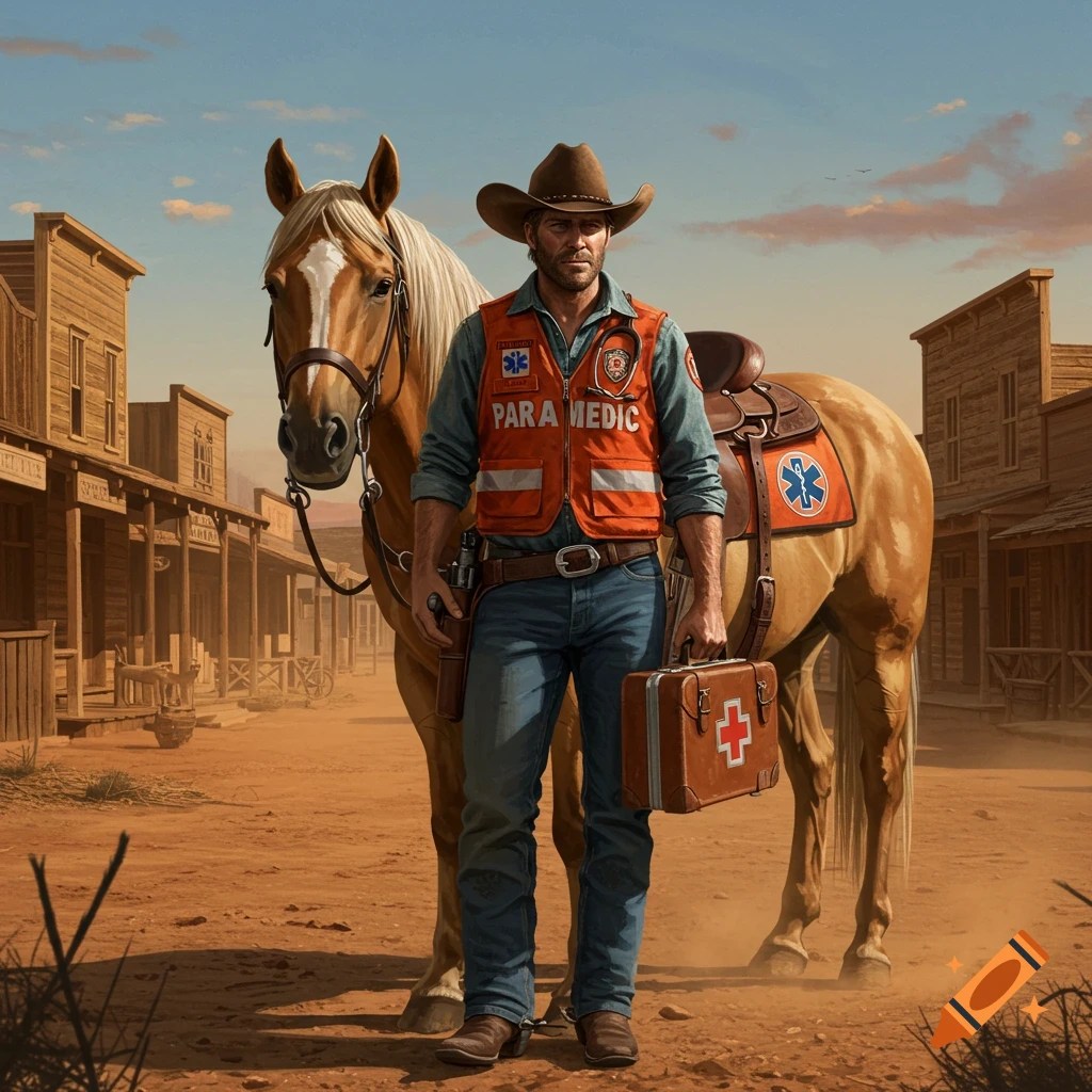 A cowboy paramedic stands next to a horse in a dusty Old West town ...