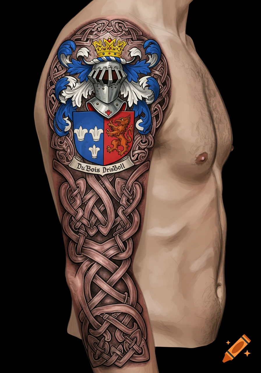 A detailed sleeve tattoo featuring a family crest with a helmet, shield ...