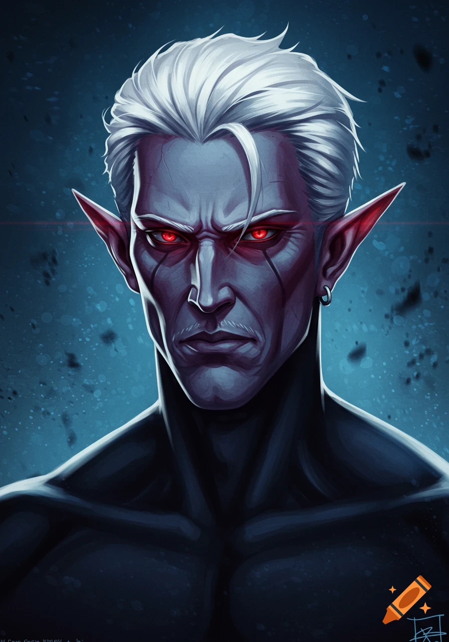 Digital art portrait of a stern male character with white hair, red ...