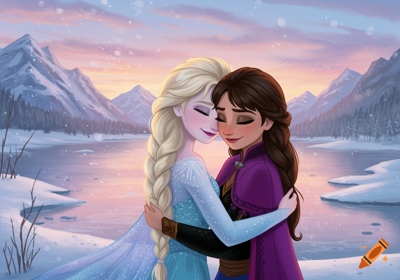 Animated sisters resembling Elsa and Anna from Frozen hug in a snowy ...