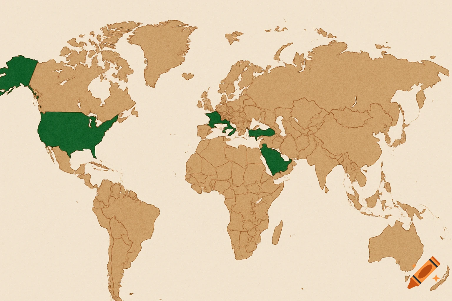 A world map with a kraft paper texture, highlighting the USA, Italy ...