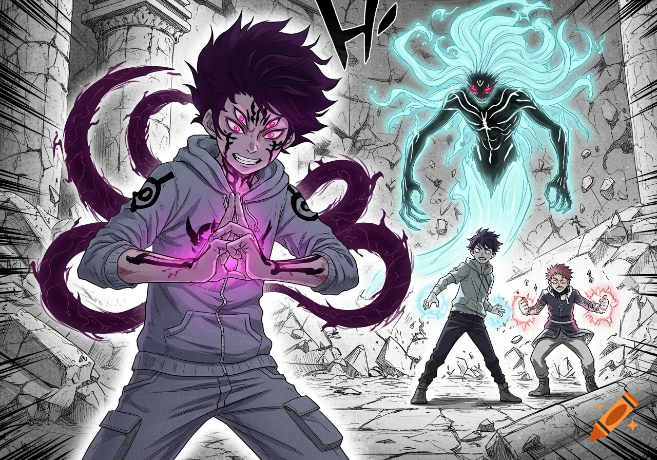 A dynamic manga-style illustration of a purple-haired character with ...