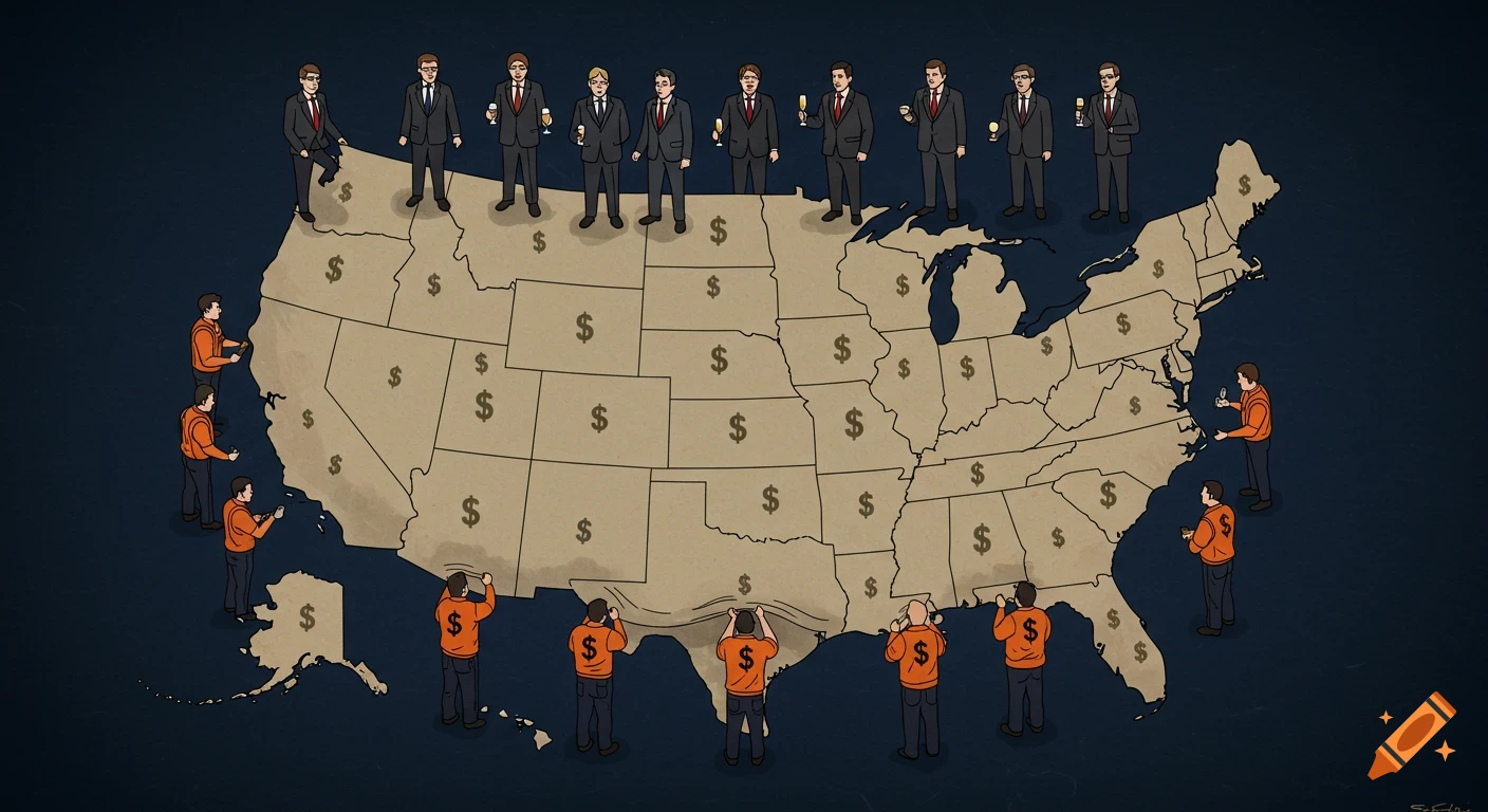 A cartoon illustration of the USA map. Men in suits stand on the top ...