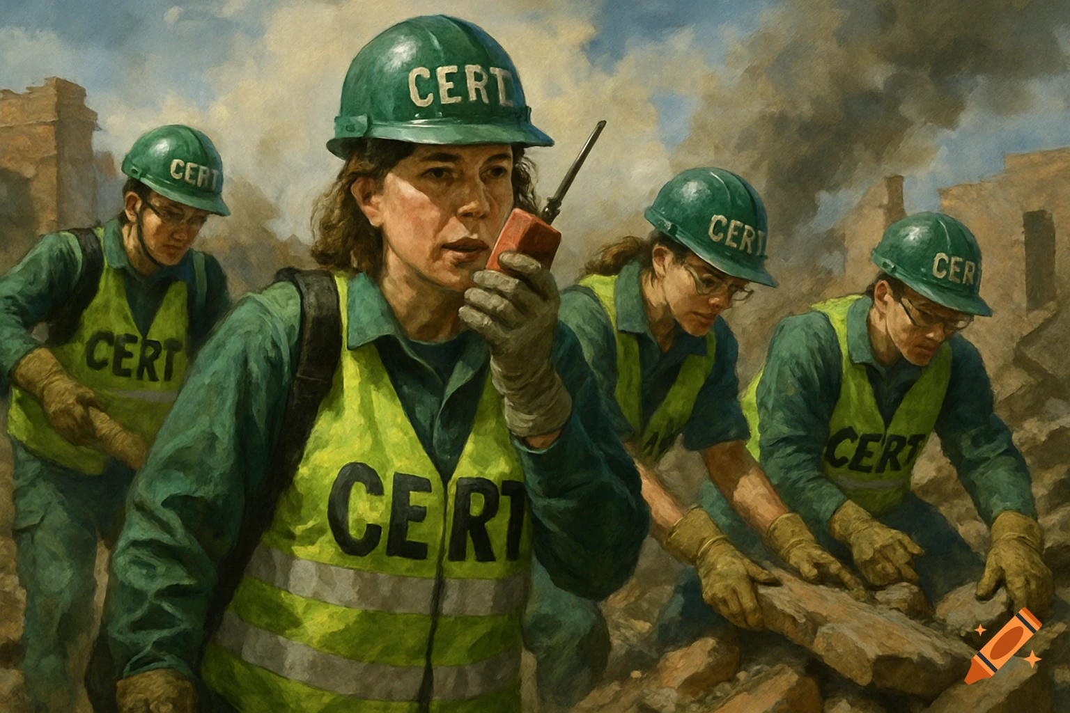 A painterly image depicts an emergency response team in green uniforms ...