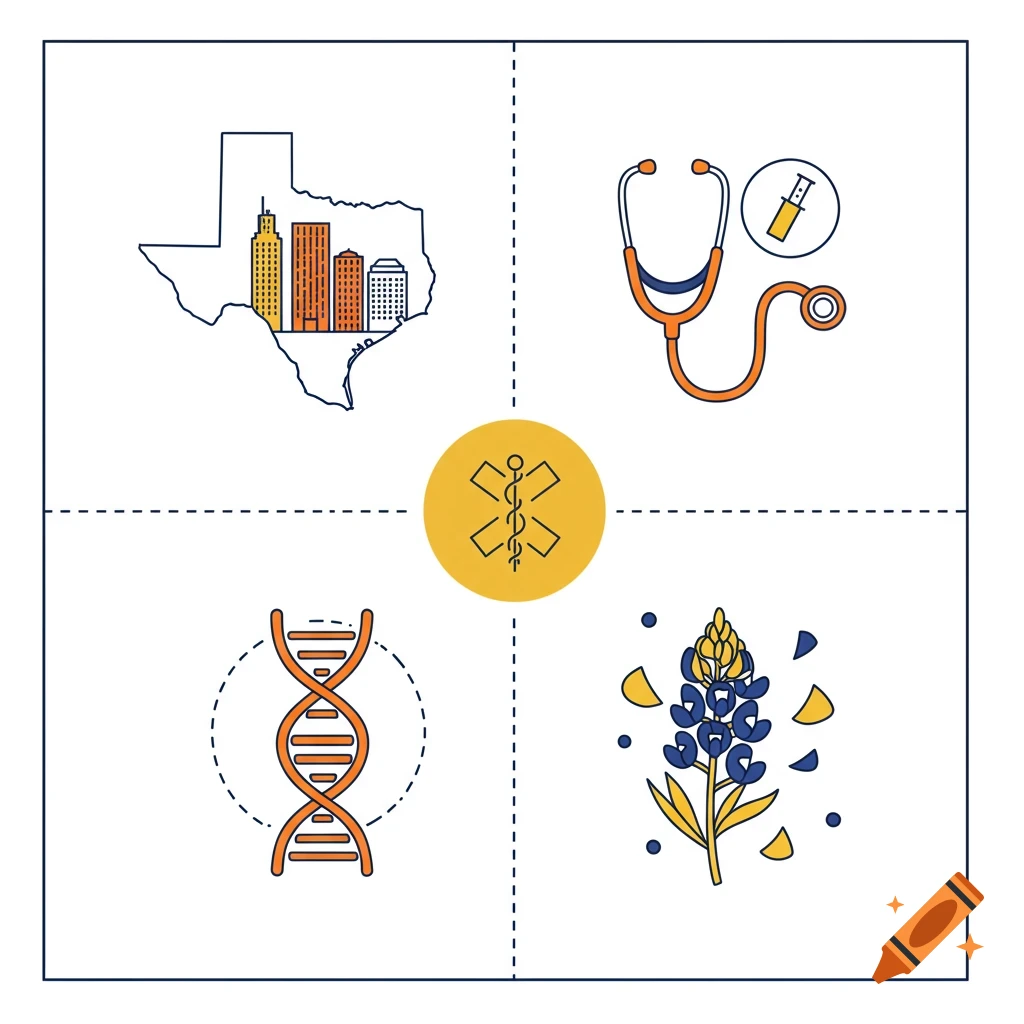 A line art illustration featuring four distinct icons: Texas map with a ...