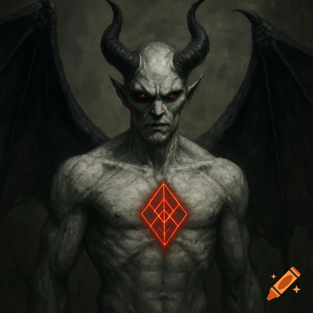A grey-skinned demon with large horns, bat-like wings, glowing red eyes, and a bright red ...
