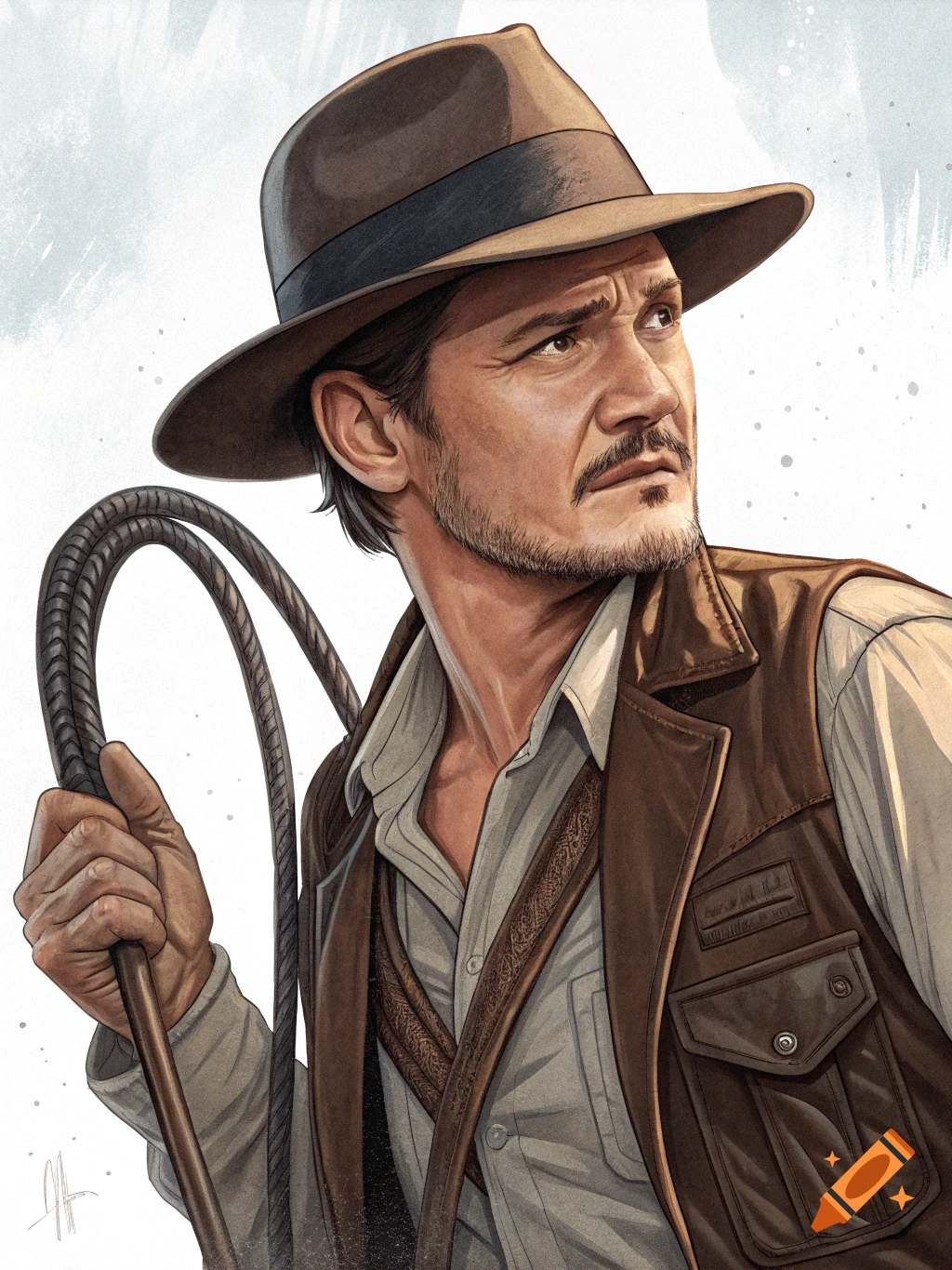 Illustration of Pedro Pascal as Indiana Jones, wearing a fedora and ...