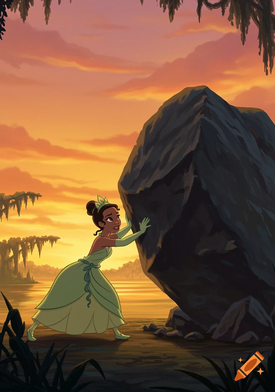 Princess Tiana pushes a giant rock in a swamp at sunset, in 2D digital ...