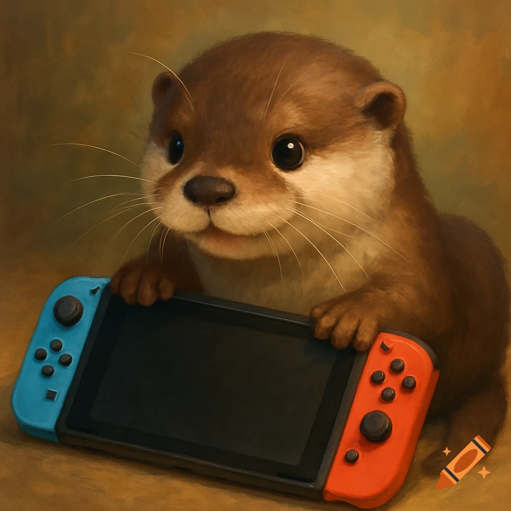 A cute brown otter with large dark eyes holds a blue and red Nintendo ...
