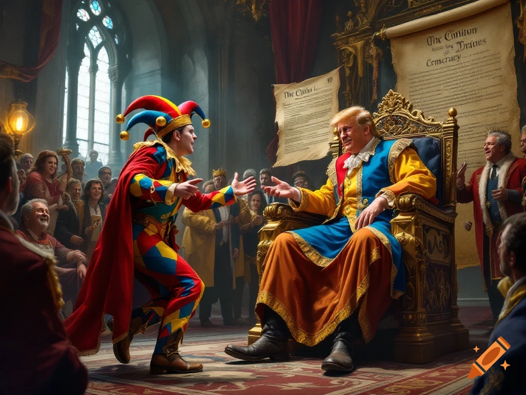 Donald Trump in royal robes on a golden throne watches a jester in ...