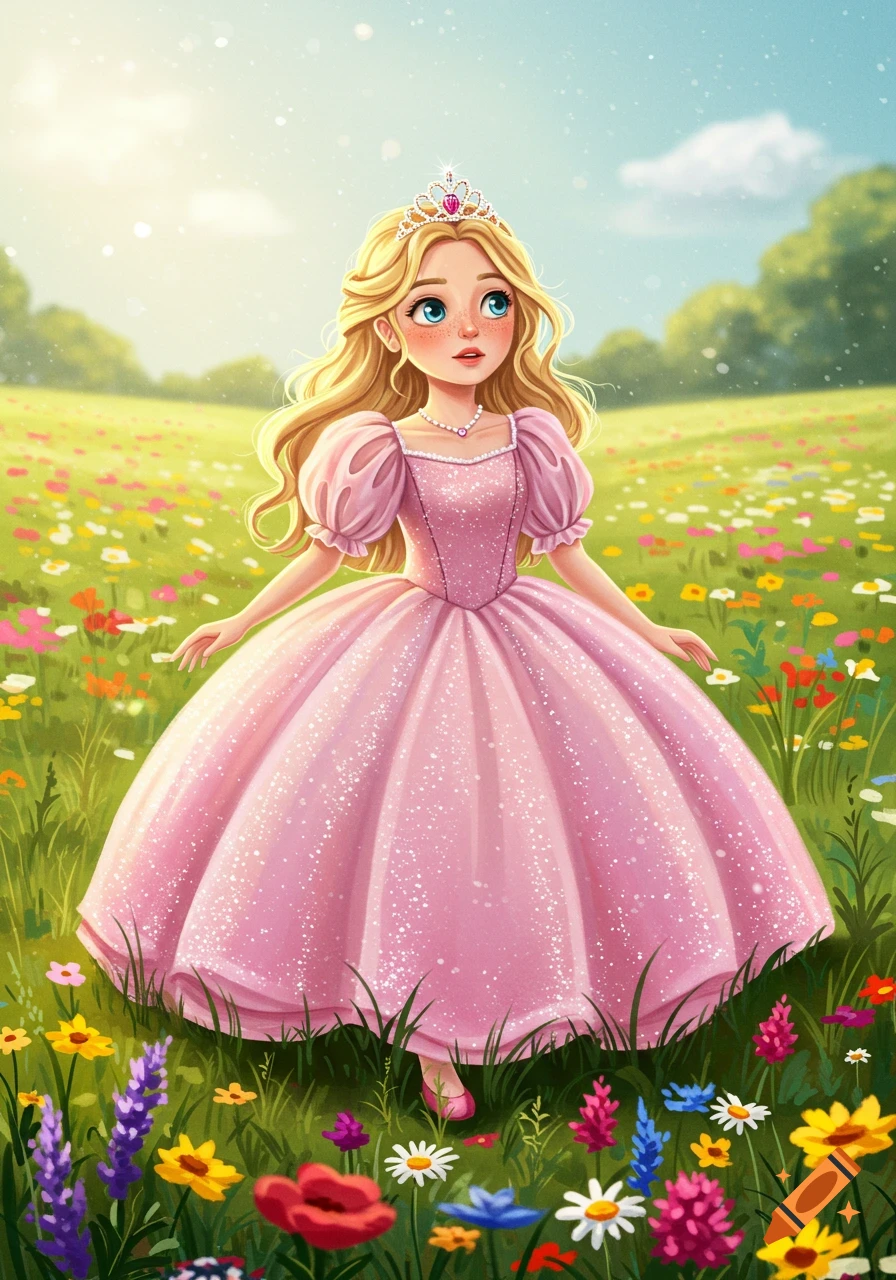A cartoon blonde princess in a sparkly pink dress and tiara stands in a ...