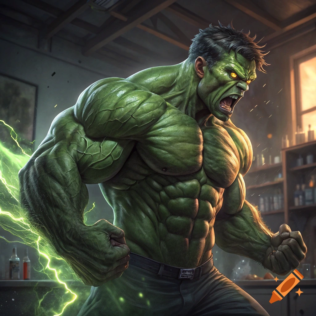The Incredible Hulk, with glowing eyes and green lightning, roars in a ...