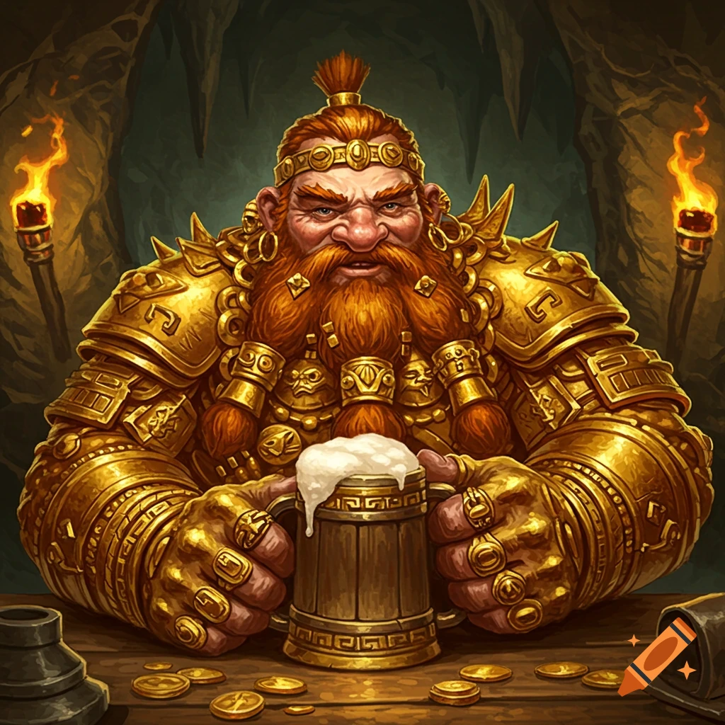 A heavily armored mountain dwarf, adorned in gold jewelry, holds a ...