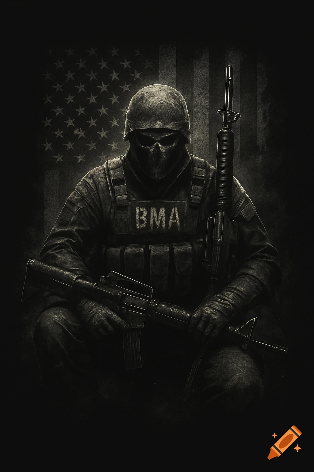 A dark and gritty image of a soldier with a skull mask, holding two ...