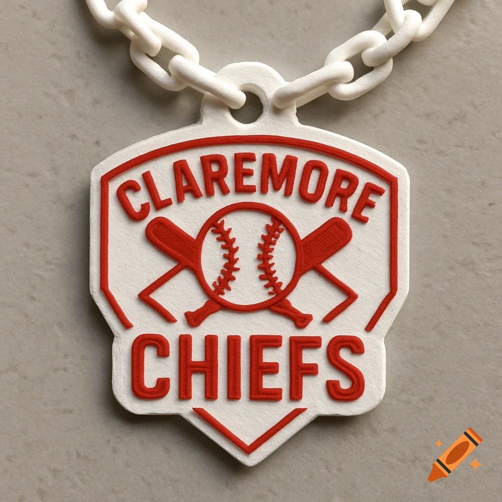 A white and red 3D printed baseball team logo pendant featuring ...