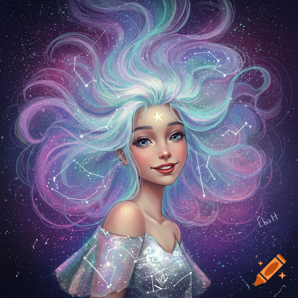 A vibrant digital portrait of a young woman with long, flowing blue and ...