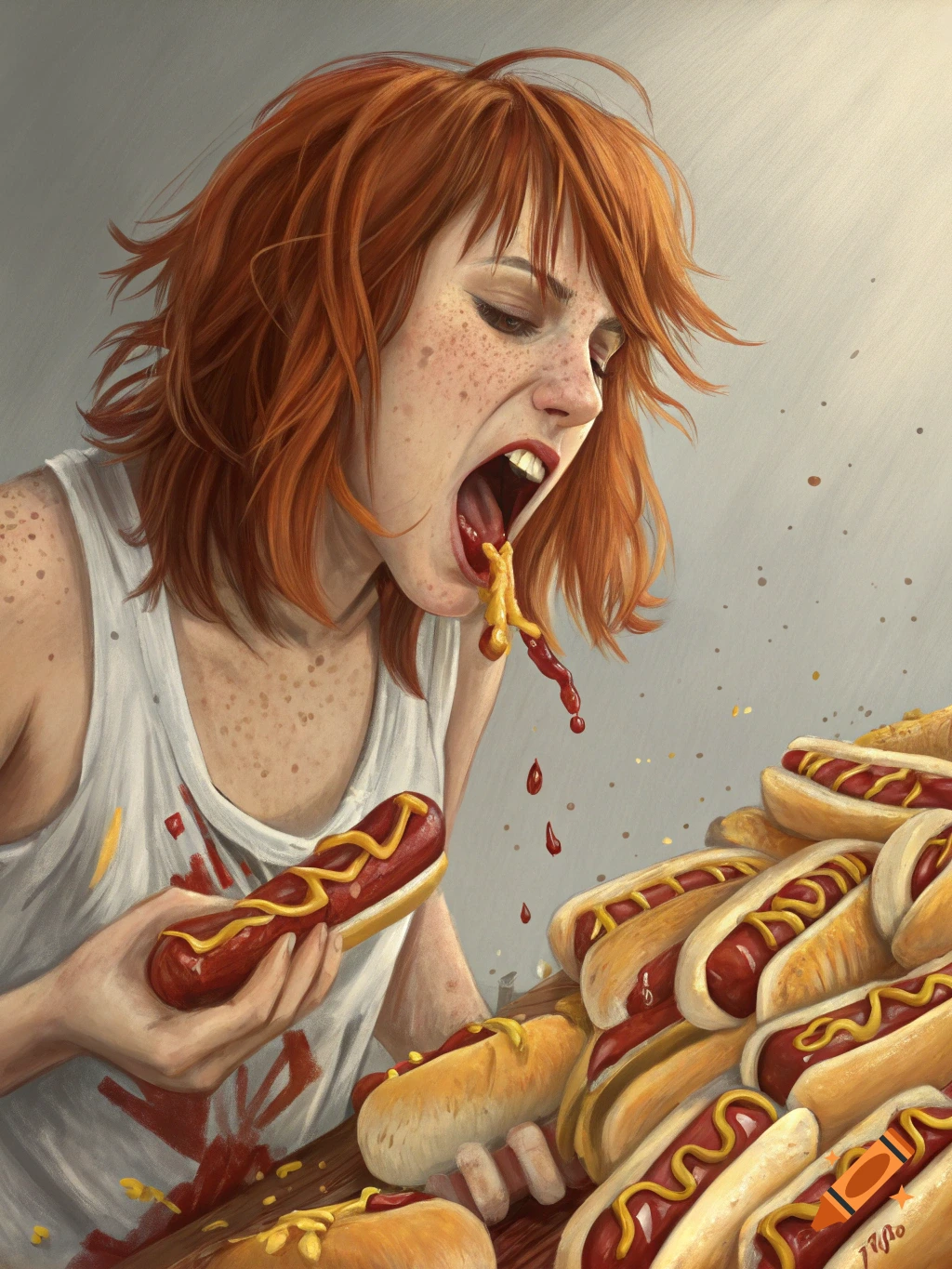 A red-haired woman with freckles is shown messily eating a hot dog ...