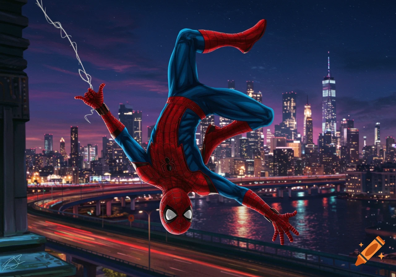 Spider-Man performs a backflip, upside down, against a vibrant ...