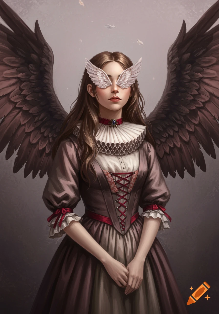 A brown-haired woman with small white wings over her eyes and large ...