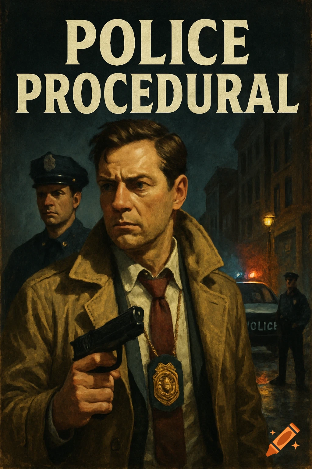 An illustrated police procedural book cover featuring a detective ...