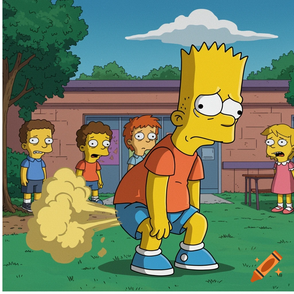 Sad Bart Simpson farts a large yellow cloud while other children look ...