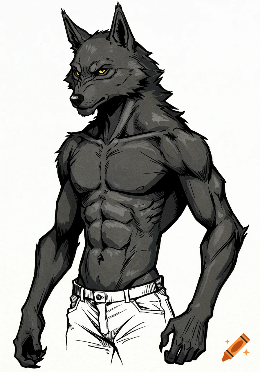 A muscular anthro wolf with dark fur and yellow eyes, wearing white ...