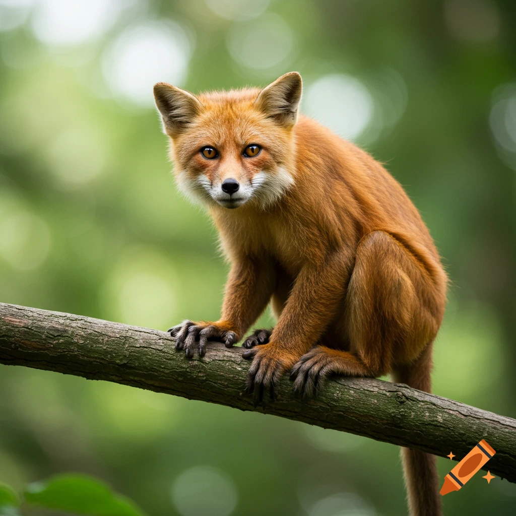A photorealistic monkey-fox hybrid with orange fur sits on a tree ...