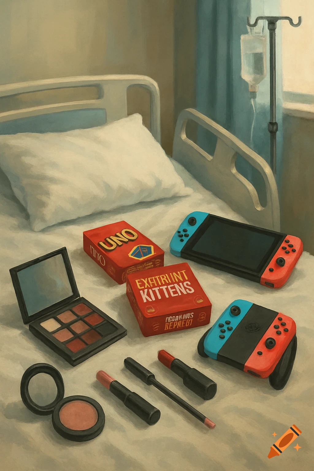 A hospital bed with a white pillow, an IV stand, game boxes (UNO ...