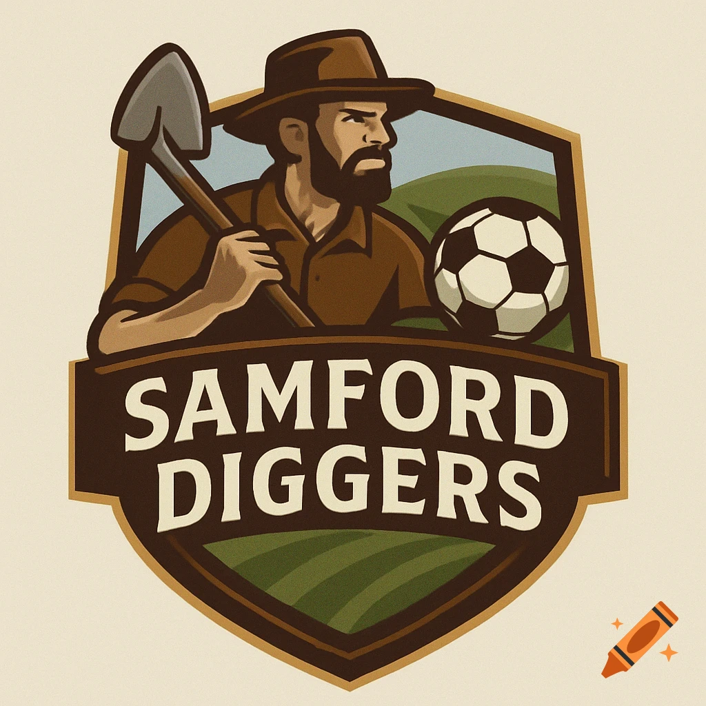 A brown and white shield logo for Samford Diggers soccer team ...
