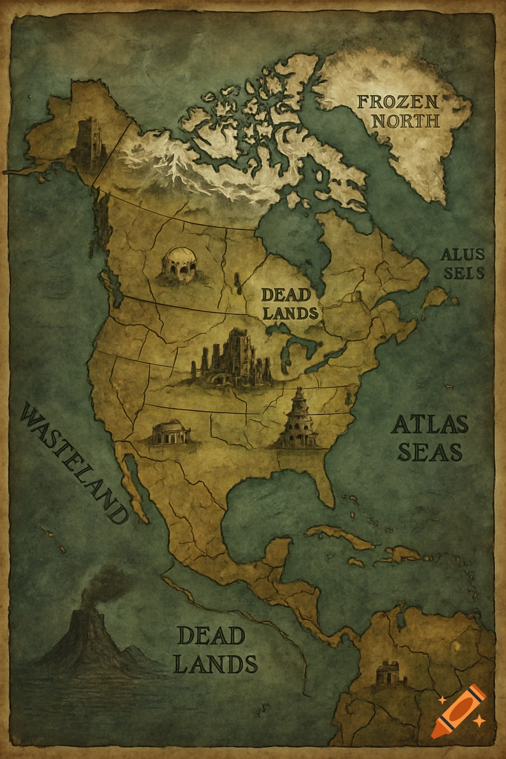 An old-style fantasy map of post-apocalyptic North America with named ...