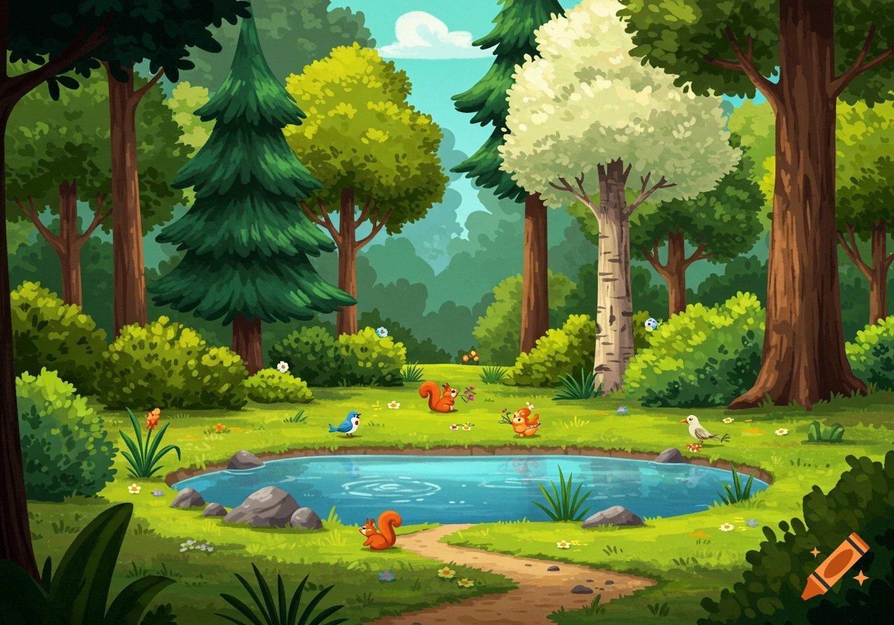 A cartoon forest clearing with a pond, a dirt path, trees, bushes ...