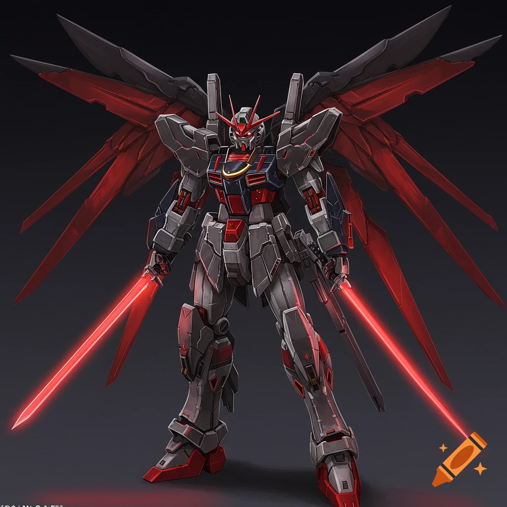 A futuristic red and gray Gundam robot stands with large wings and two ...