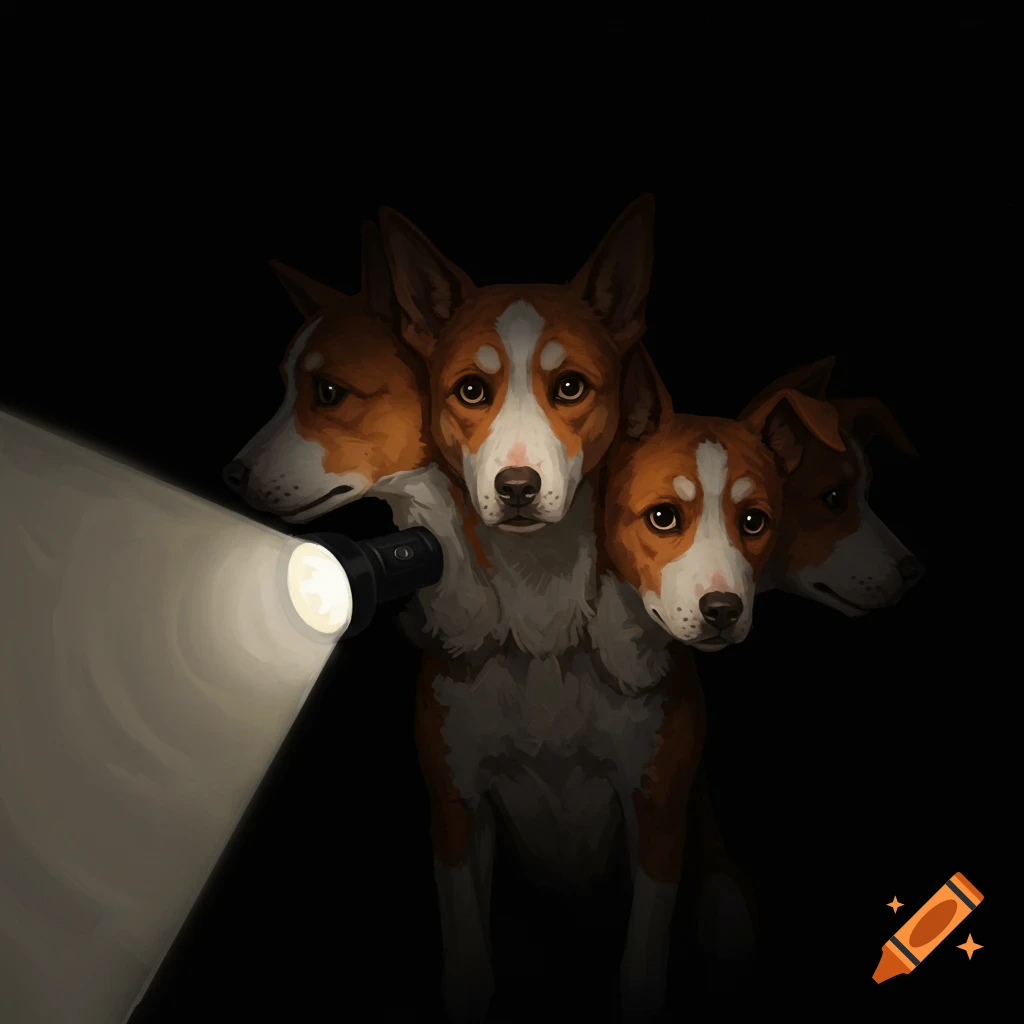 A multi-headed dog-like creature with orange and white fur is ...