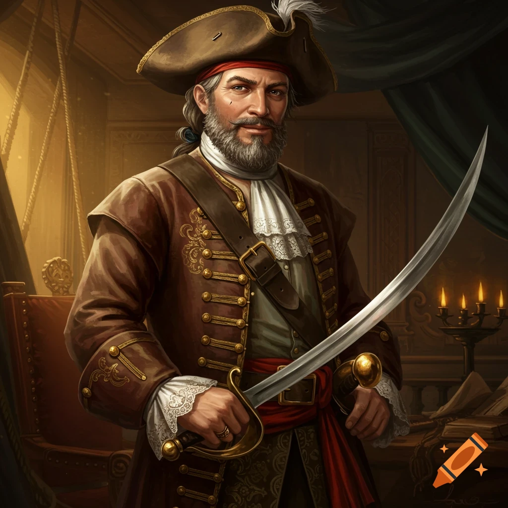 A detailed portrait of a bearded pirate in a brown coat and tricorne ...