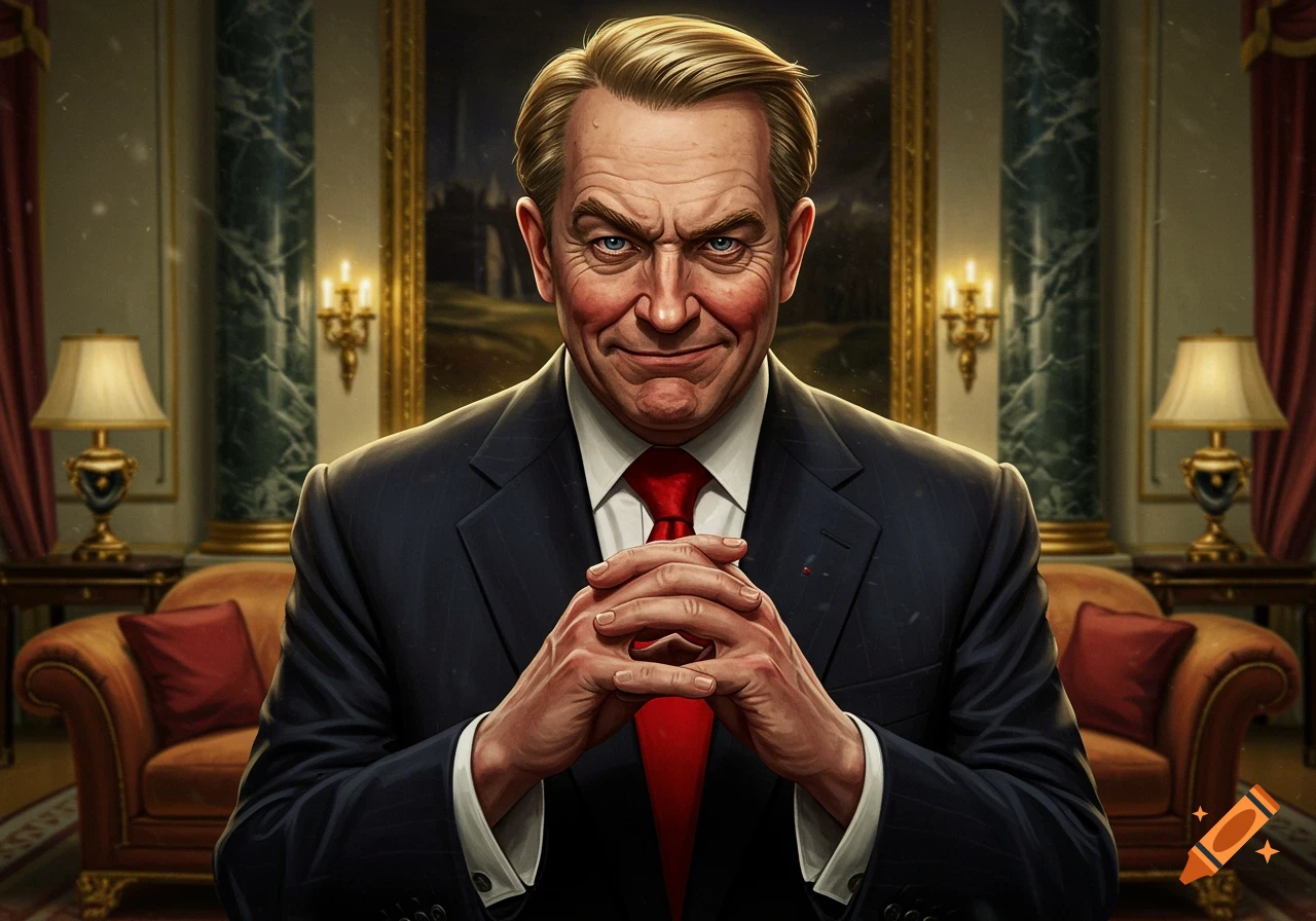 A photorealistic portrait of a man with a greedy, scheming expression ...
