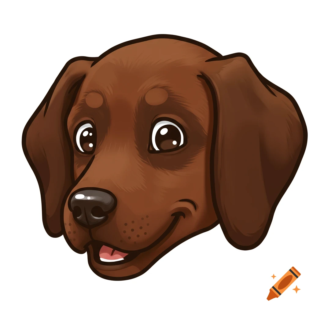 A cartoon brown dog head with large, expressive eyes and floppy ears ...