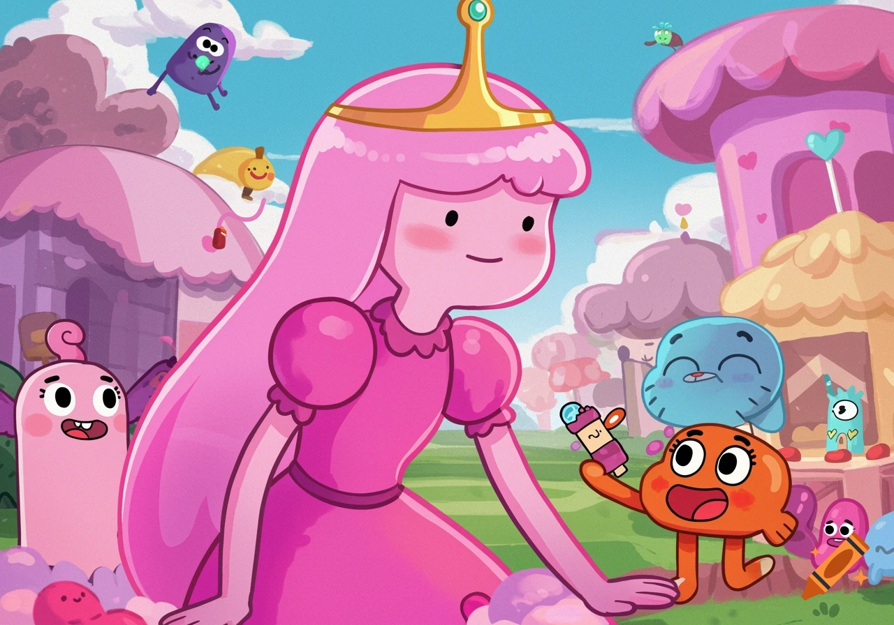 Princess Bubblegum interacting with Darwin and Gumball in a vibrant ...
