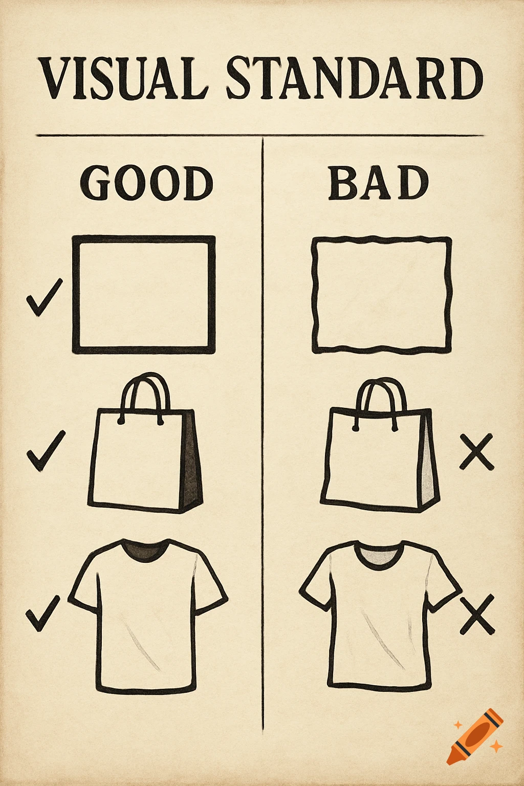 A beige chart titled "VISUAL STANDARD" divided into two columns, "GOOD ...