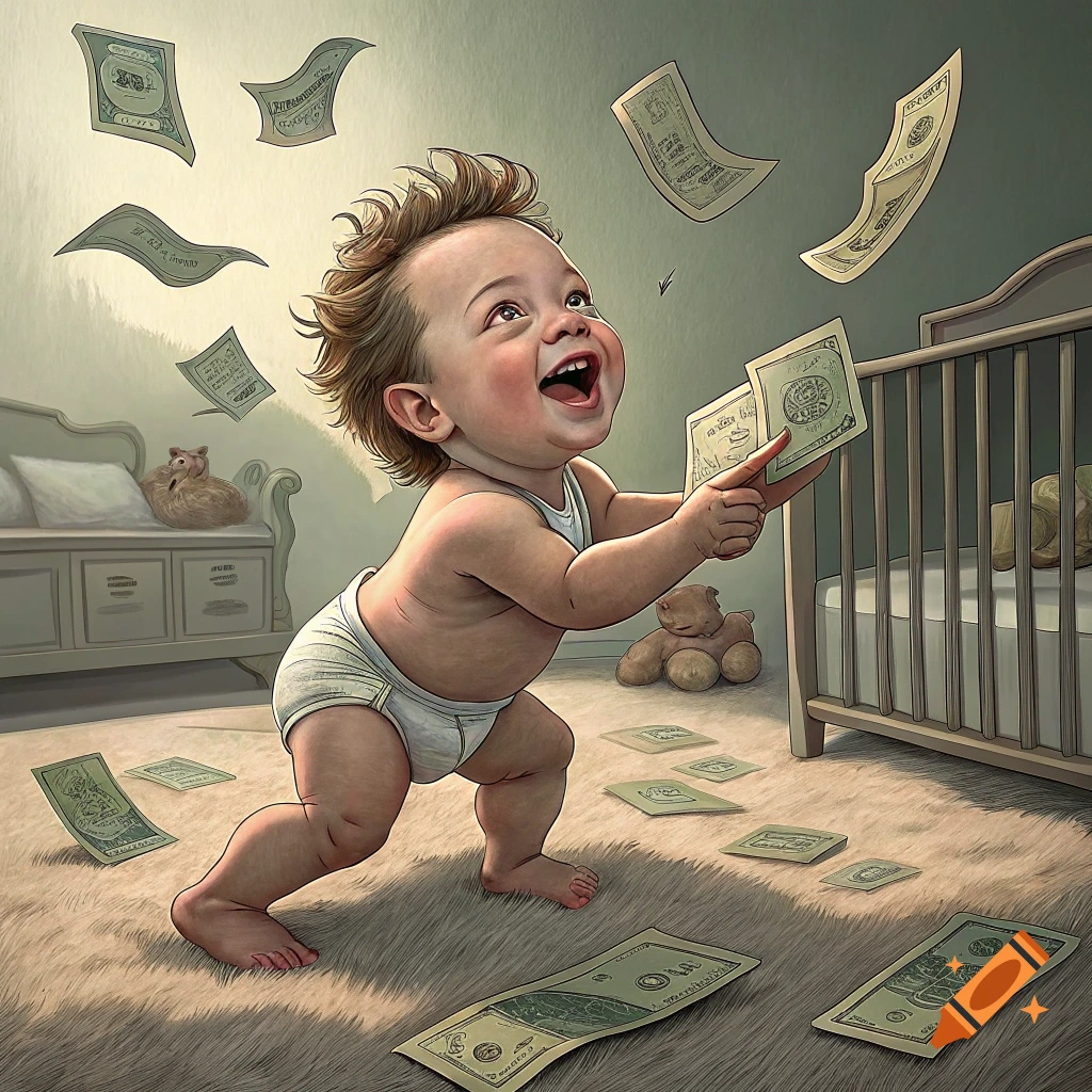 A caricature illustration of a happy baby in a diaper, surrounded by ...