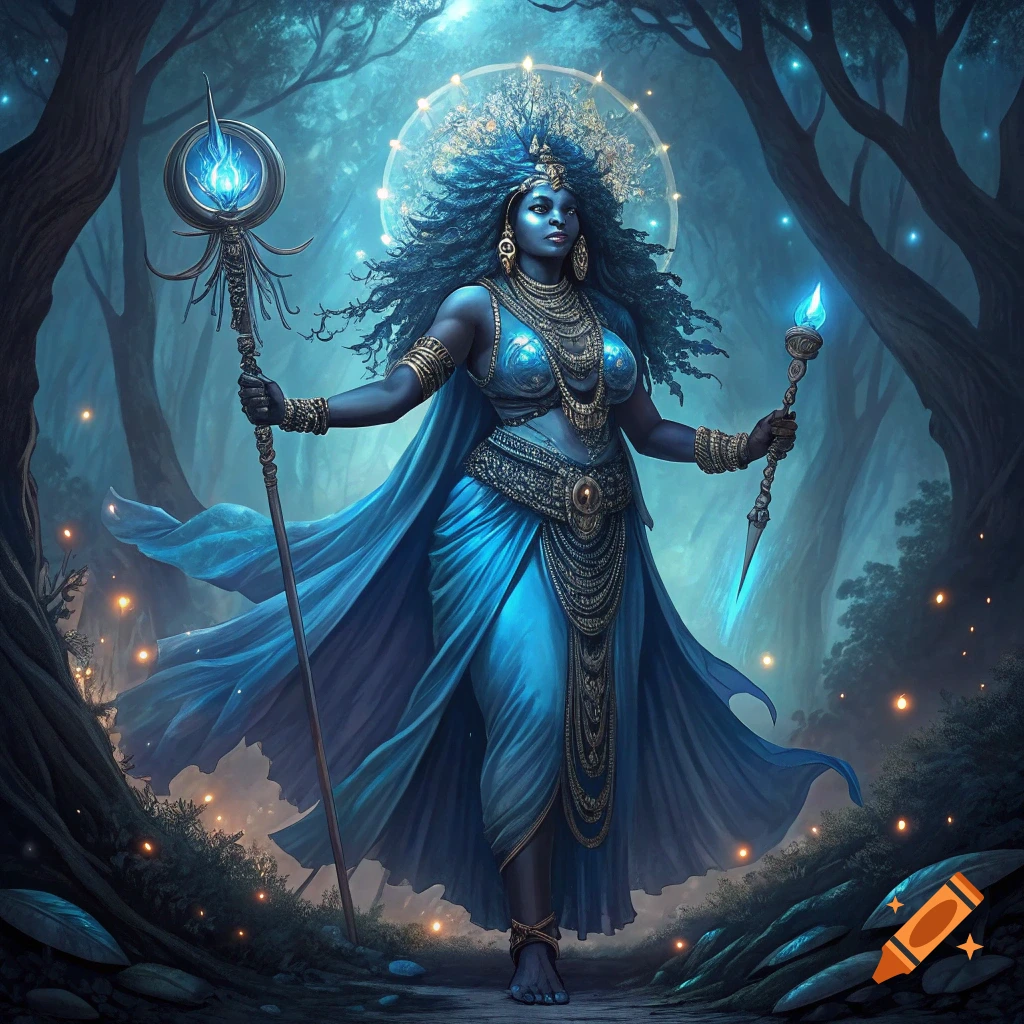 A powerful blue-skinned goddess with flowing blue hair, adorned in gold ...