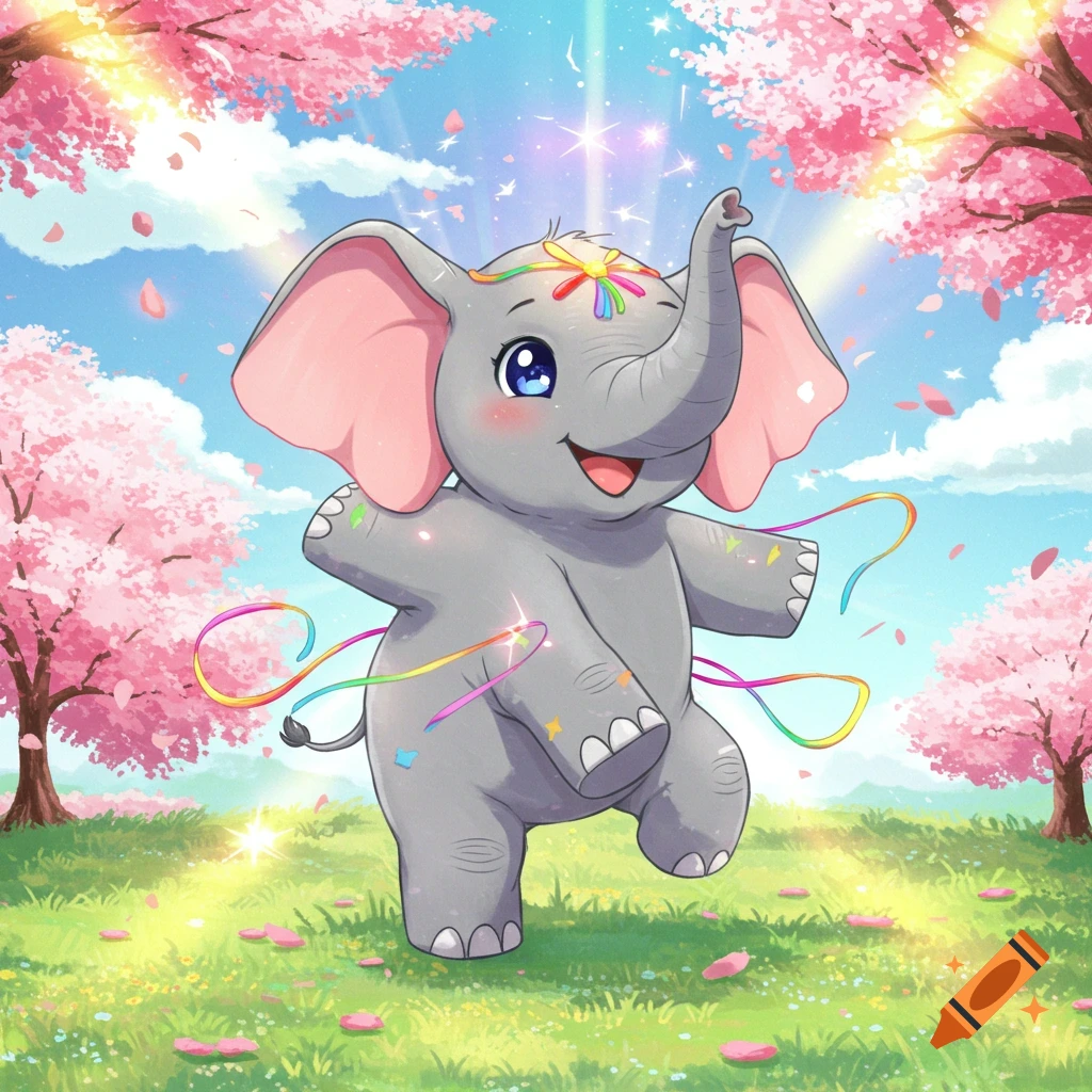 A happy anime-style elephant dancing in a vibrant field with cherry ...