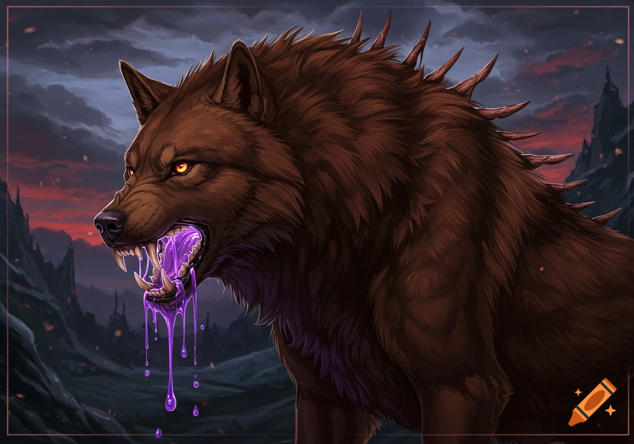 A fearsome brown wolf with glowing orange eyes and sharp spikes on its ...