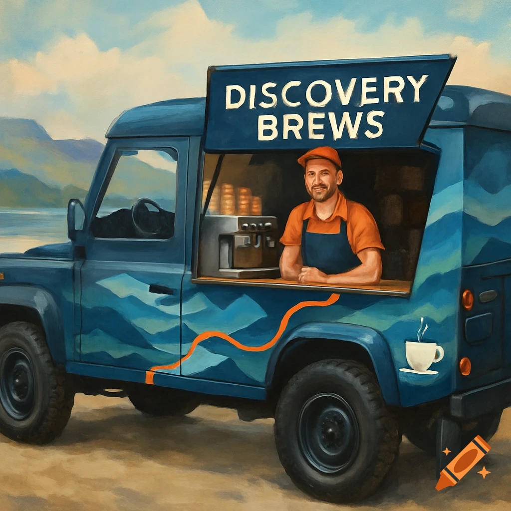 A blue Land Rover Defender coffee truck with 'DISCOVERY BREWS' on the ...