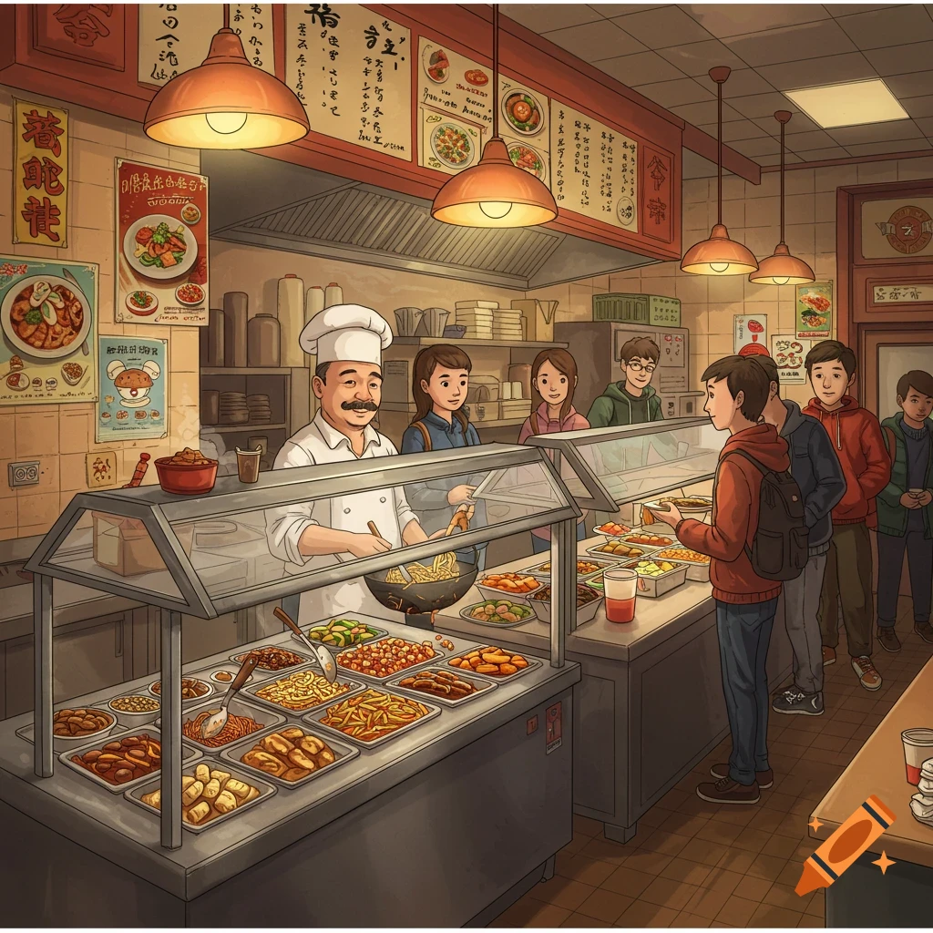 A cartoon illustration of a busy Chinese takeaway with a chef serving ...