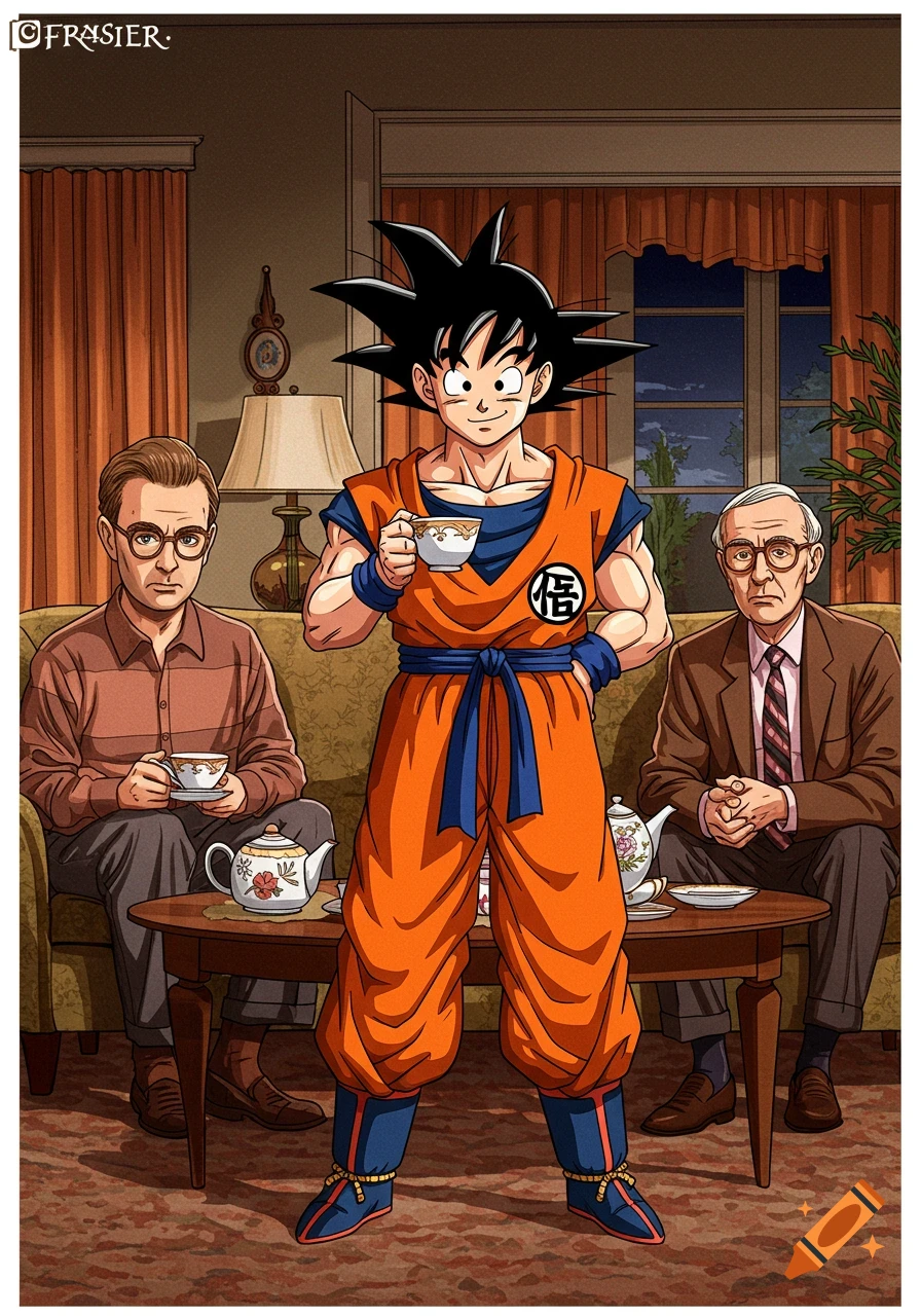 Goku from Dragon Ball stands holding a teacup in a living room with two ...